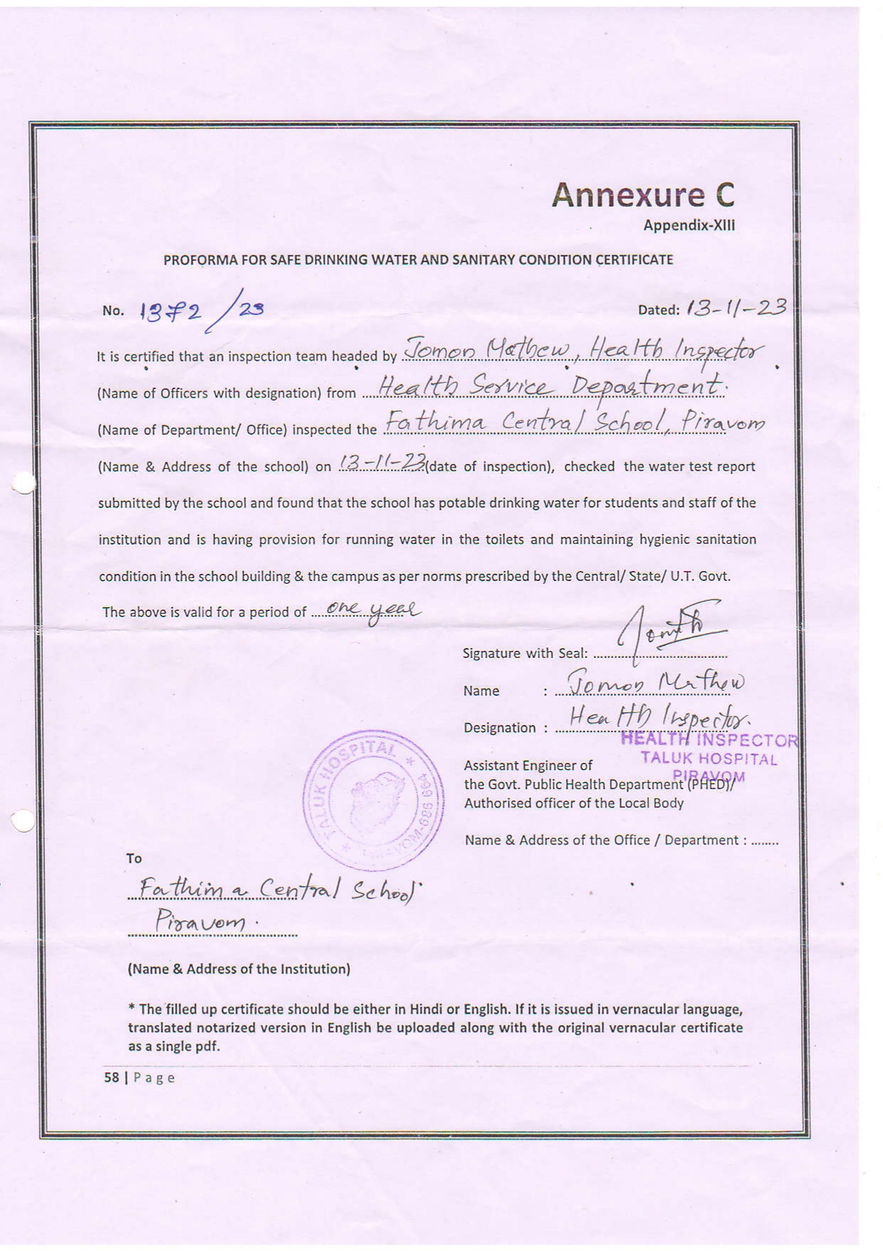 Water Health & Sanitation Condition – Fatima Central School